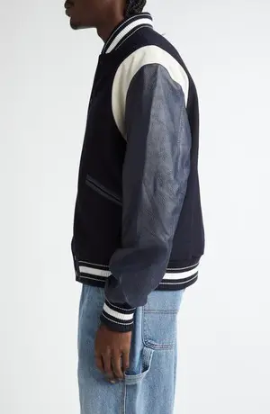 Noon Goons Sayonara Mixed Media Varsity Jacket In Dark Navy - 73
